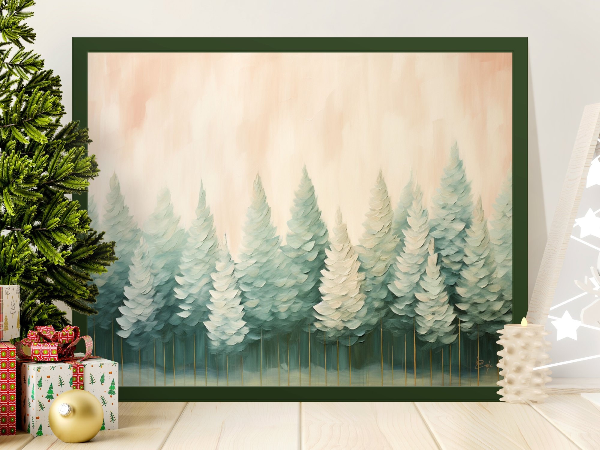 Pastel Spruce Trees Oil Painting, Evergreen Christmas Landscape DIGITAL ...