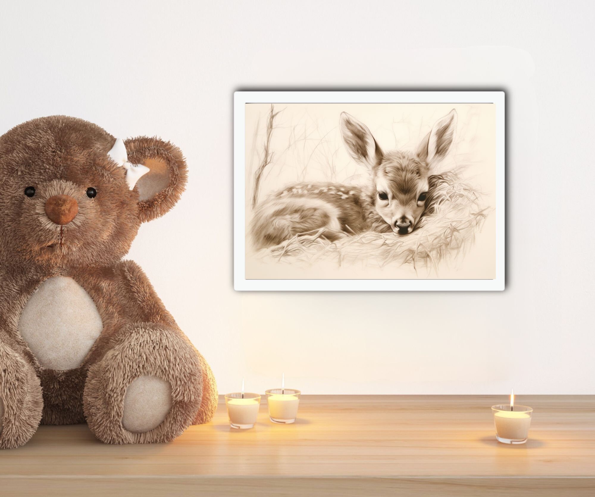 Autumn Fawn Sepia Drawing, Cute Baby Reindeer in Nature Pencil Sketch ...