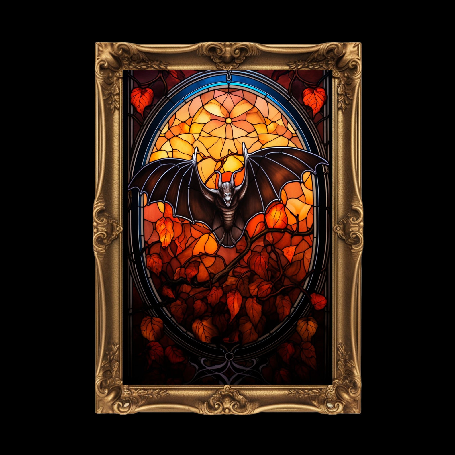 Bat in Stained Glass Oval Frame Wall Art, Gothic Printable, Dracula's ...