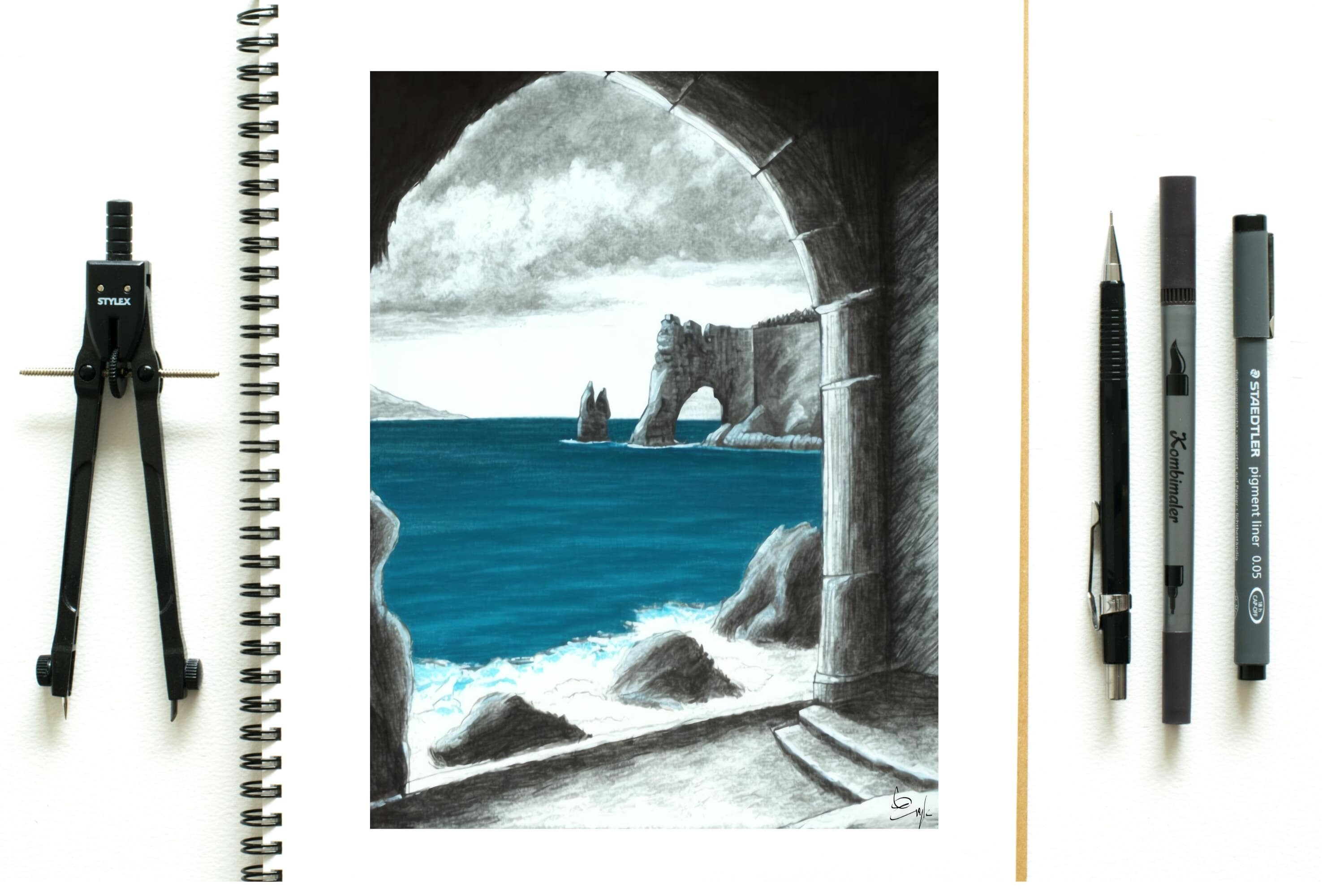 Greek Oceanscape Viewed Through an Arch Chalk Sketch, Rustic Teal ...