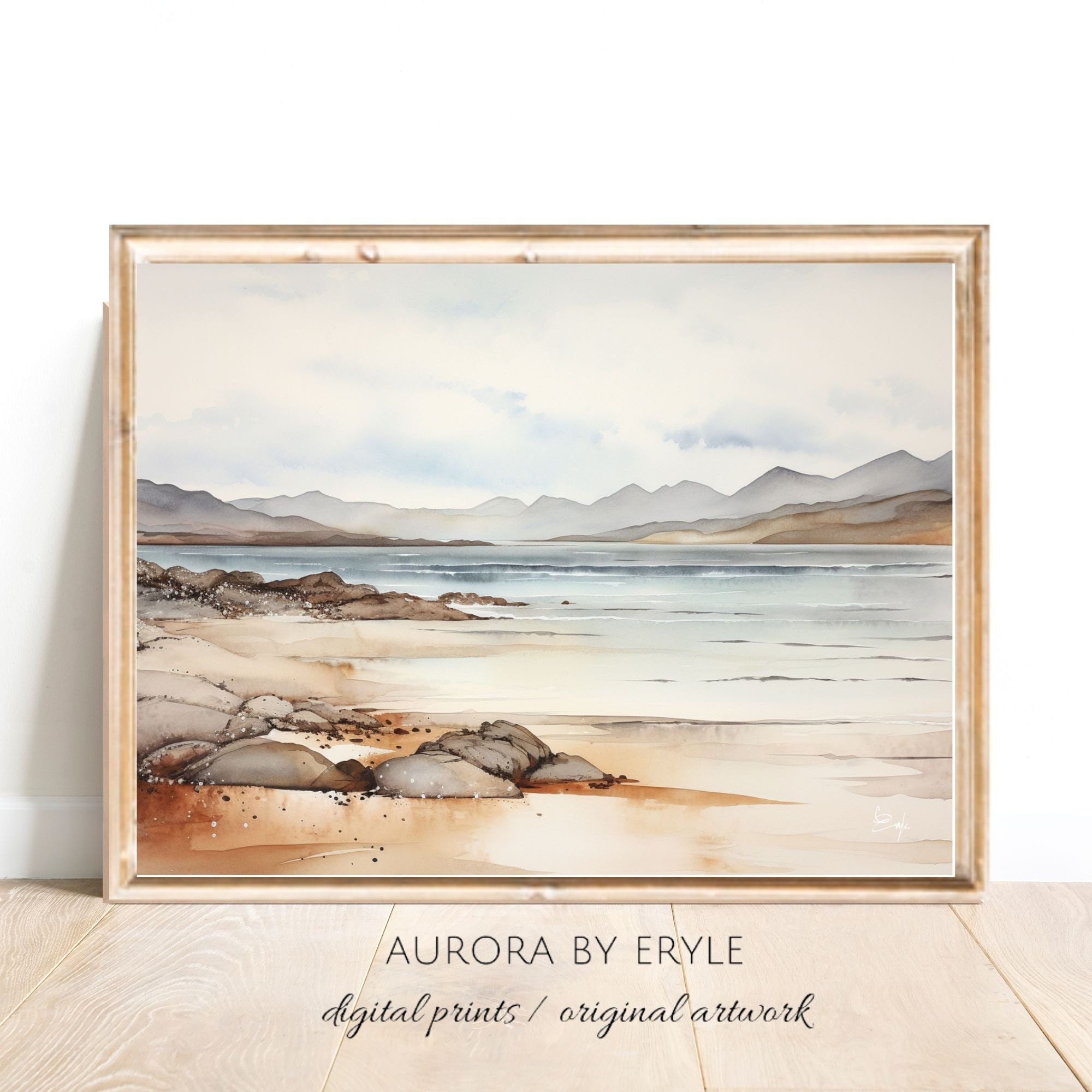 Abstract Lake Scene Wall Art, Muted Tone Print, Panoramic Shoreline ...