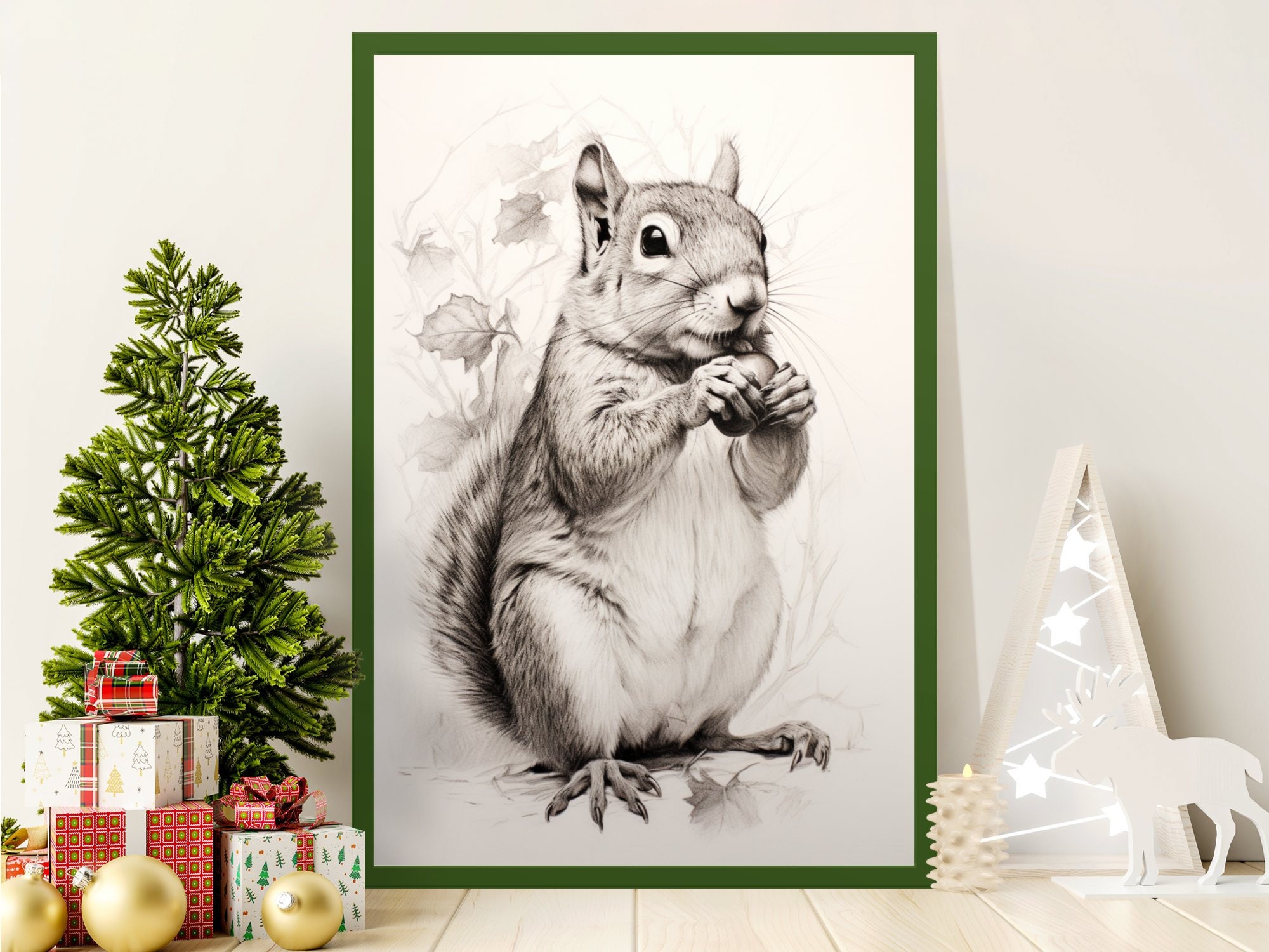 Autumn Squirrel Pencil Sketch, Adorable Animal in Nature Drawing ...