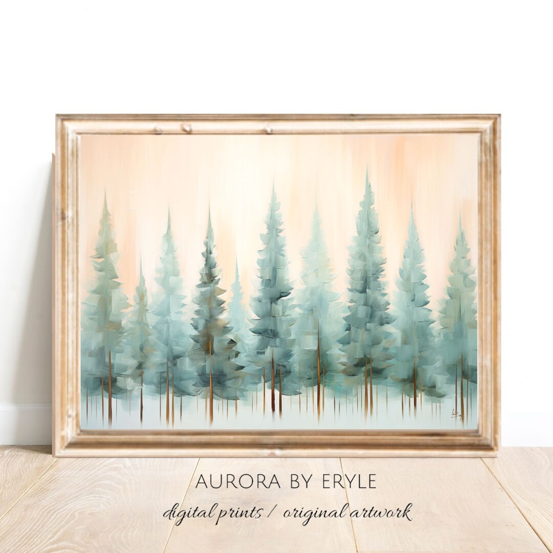 Abstract Spruce Trees Oil Painting, Evergreen Christmas Woodland ...