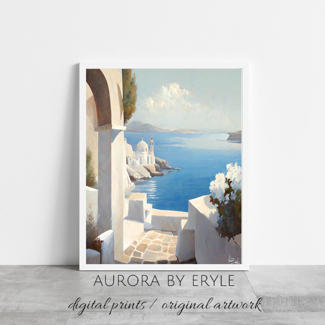 Greek Seascape Oil Painting, Ocean Inlet With a Church & Lighthouse ...