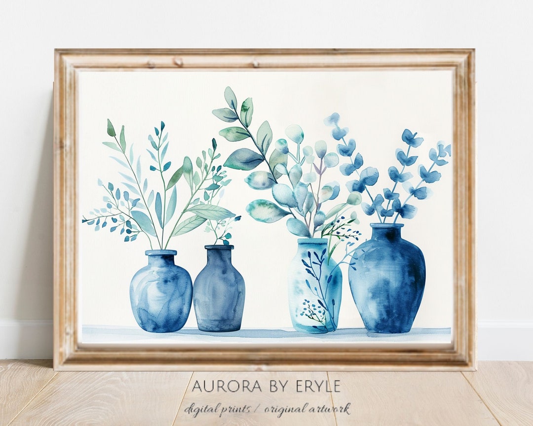 Abstract Blue Wildflowers Wall Art, Blue Watercolour Botanical Poster ...