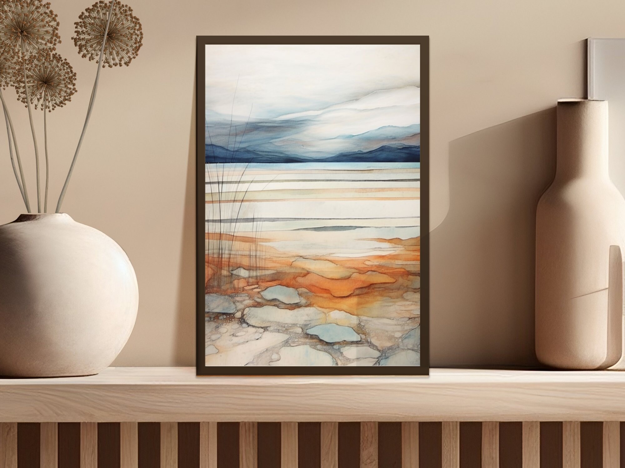 Abstract Lake Scene Wall Art, Modern Neutral Tones Watercolour ...
