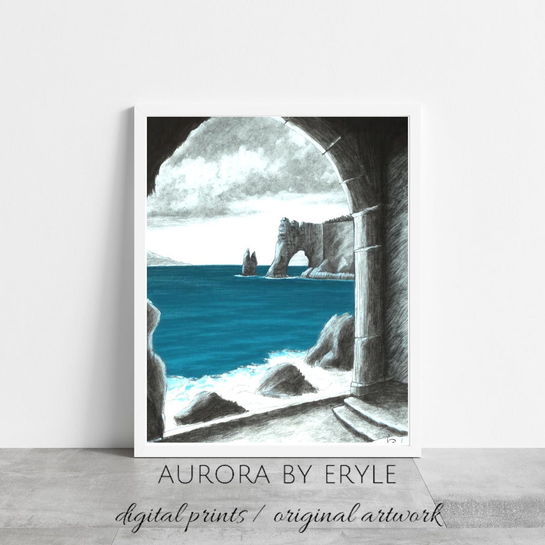 Greek Oceanscape Viewed Through an Arch Chalk Sketch, Rustic Teal ...