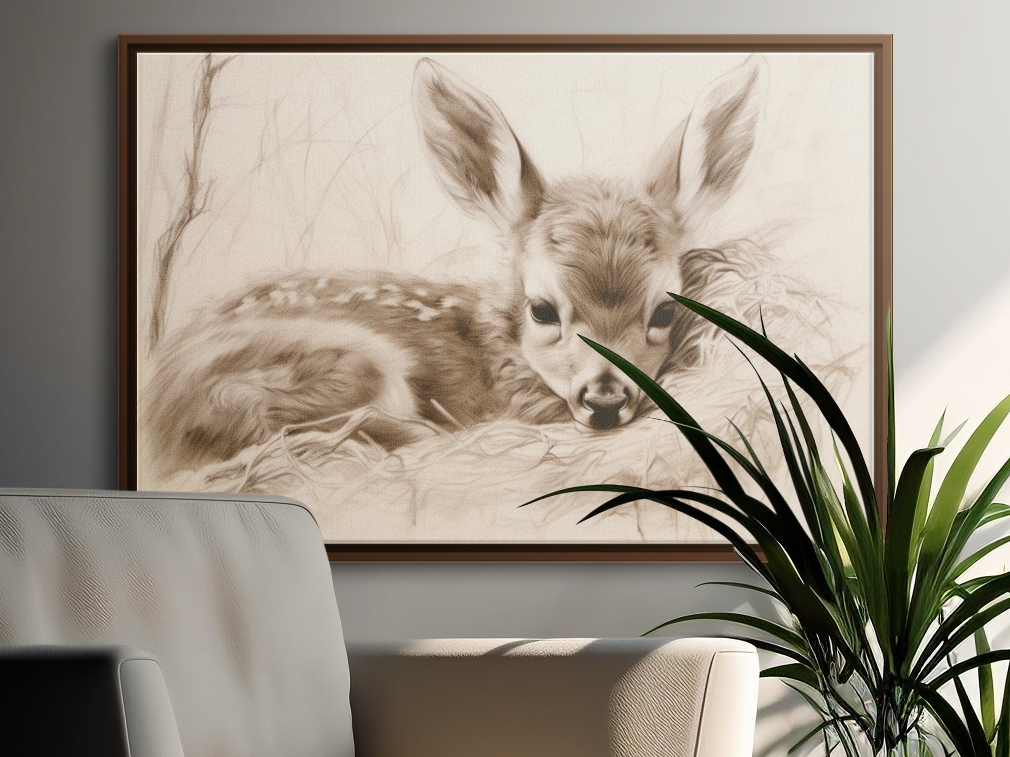 Autumn Fawn Sepia Drawing, Cute Baby Reindeer in Nature Pencil Sketch ...
