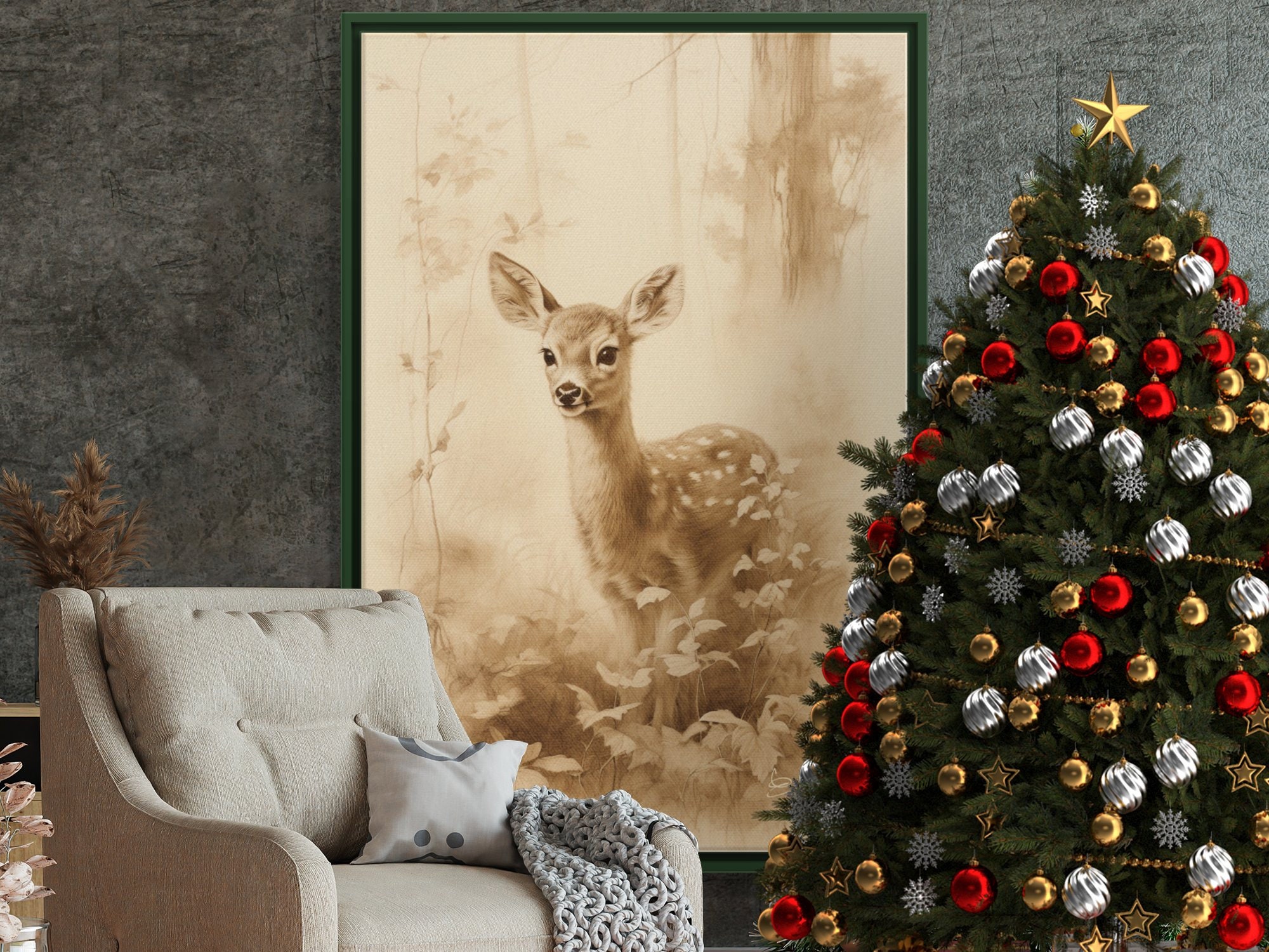 Autumn Fawn Sepia Pencil Sketch, Cute Baby Reindeer in Nature Drawing ...