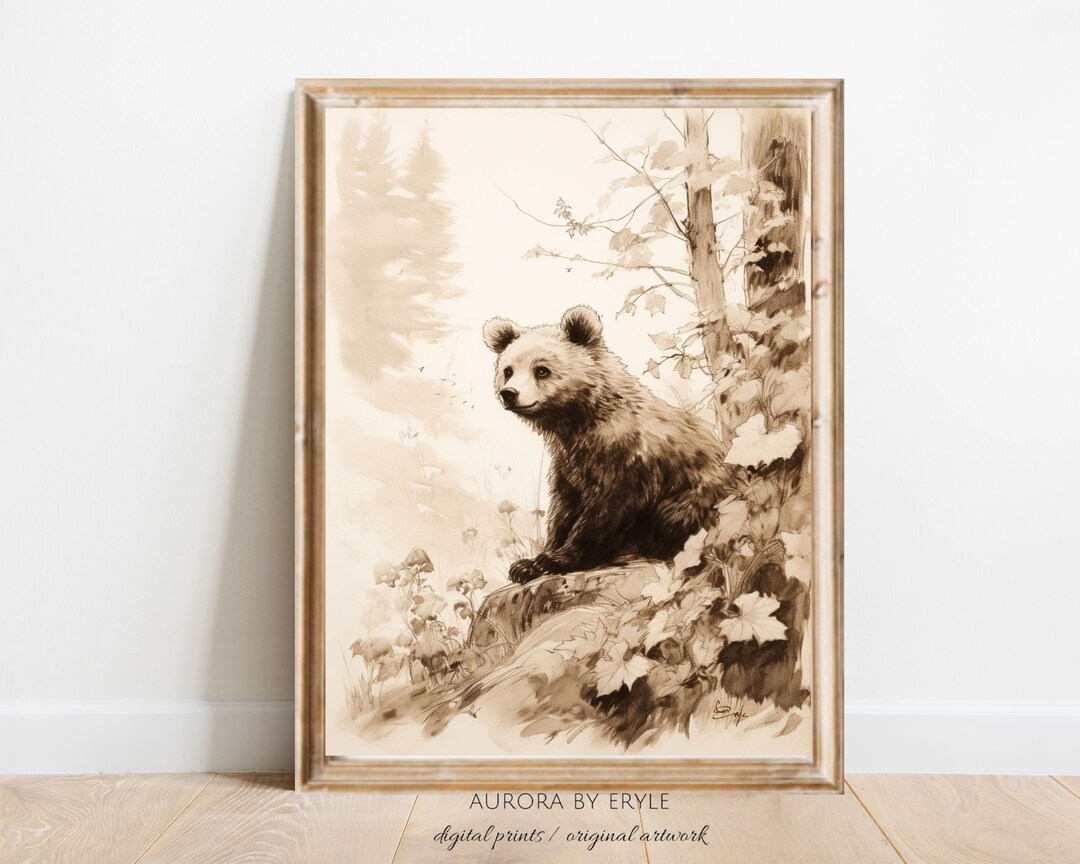 Autumn Baby Bear Sepia Pencil Sketch, Rustic Fall Bear Cub Drawing ...