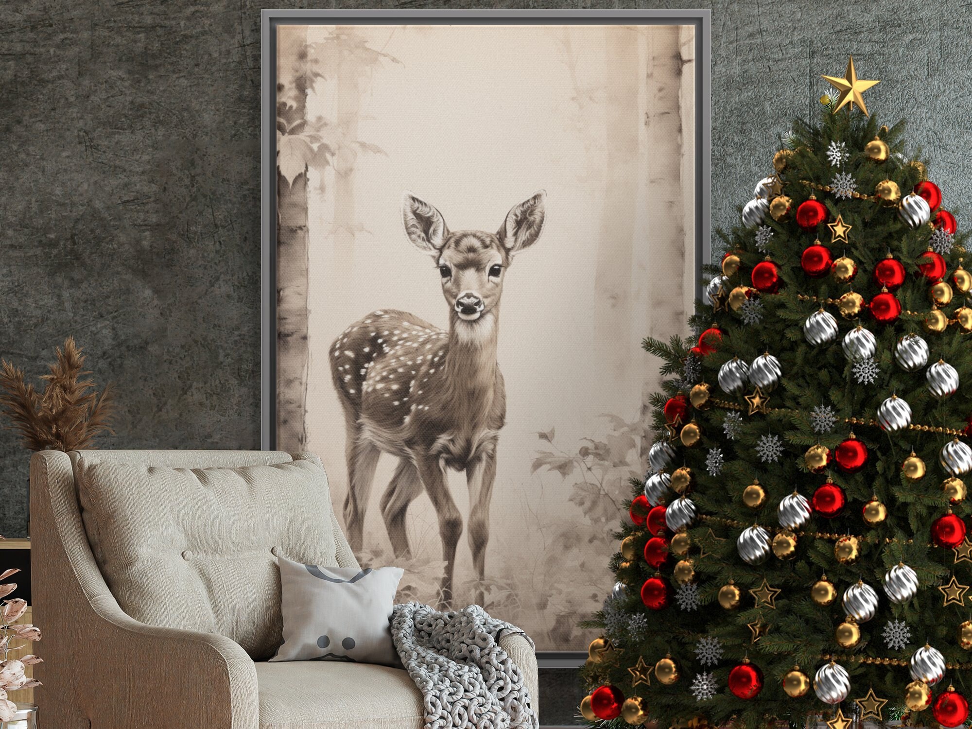 Autumn Fawn Sepia Pencil Sketch Print, Baby Reindeer in Nature Drawing ...
