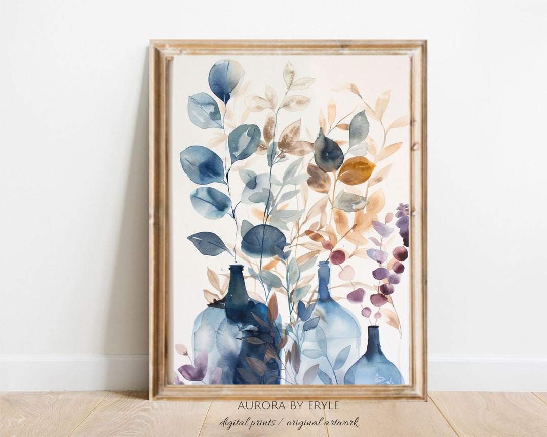 Abstract Blue & Rust Wildflowers Wall Art, Boho Watercolor Botanical ...