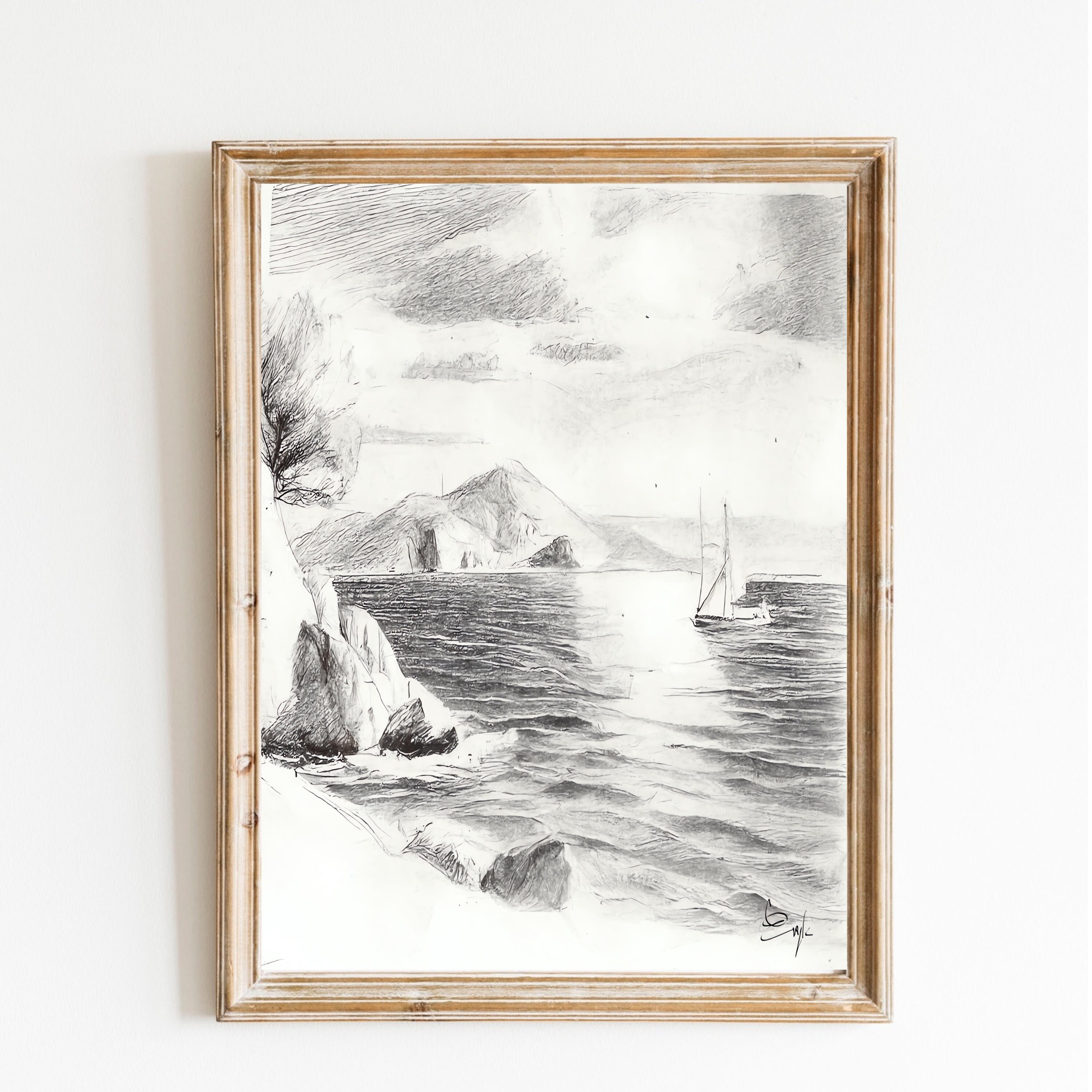 Pencil Sketch Seaside Scene With a Sailboat on Calm Waters, Ocean Wall ...