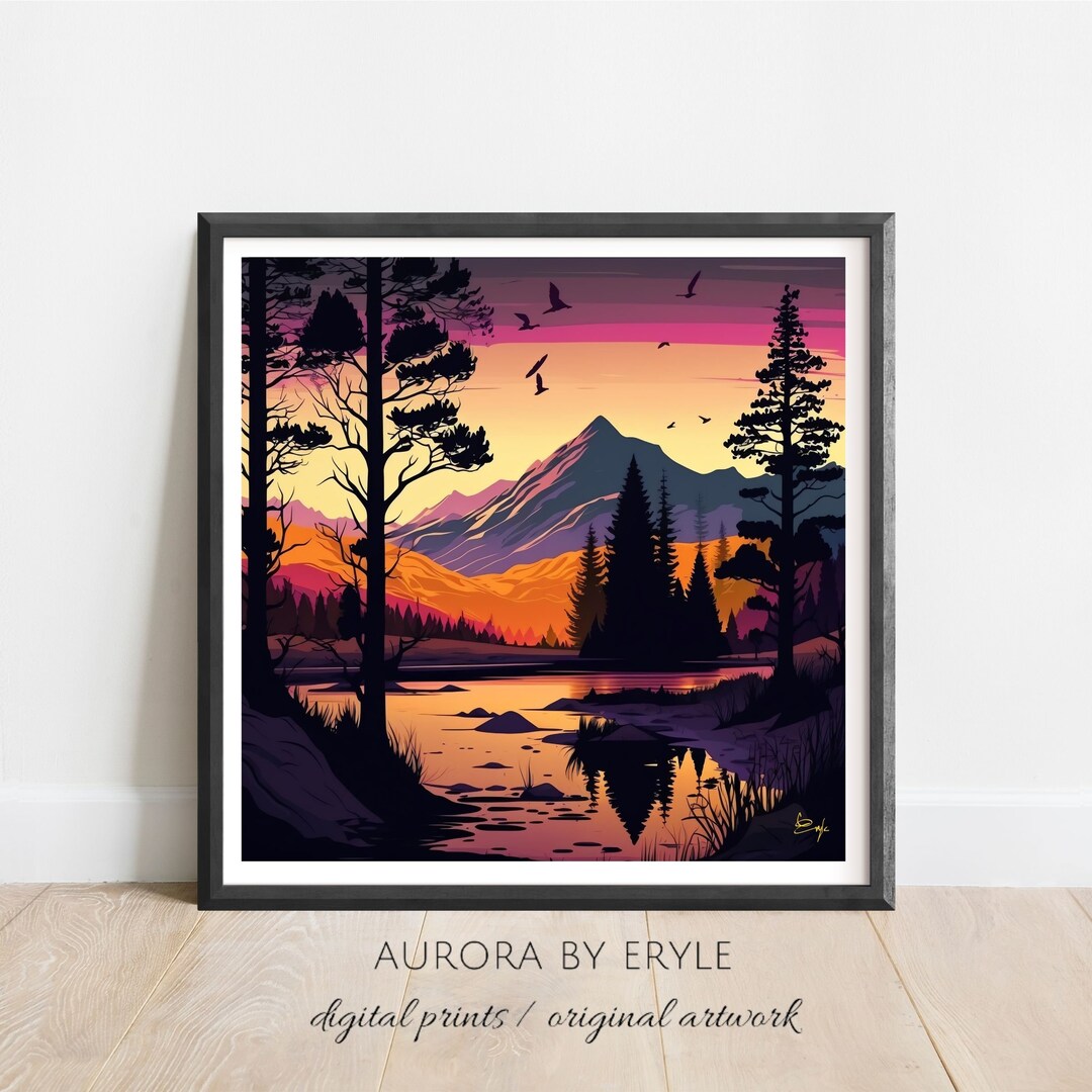 Mountain Sunset Wall Art, Abstract Alpine Scene, Surreal Vibrant ...
