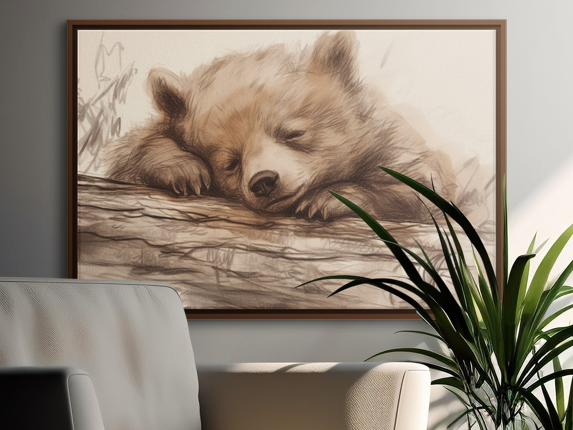 Bear Cub Sleeping Pencil Sketch, Cute Baby Bear on a Log Sepia Drawing ...