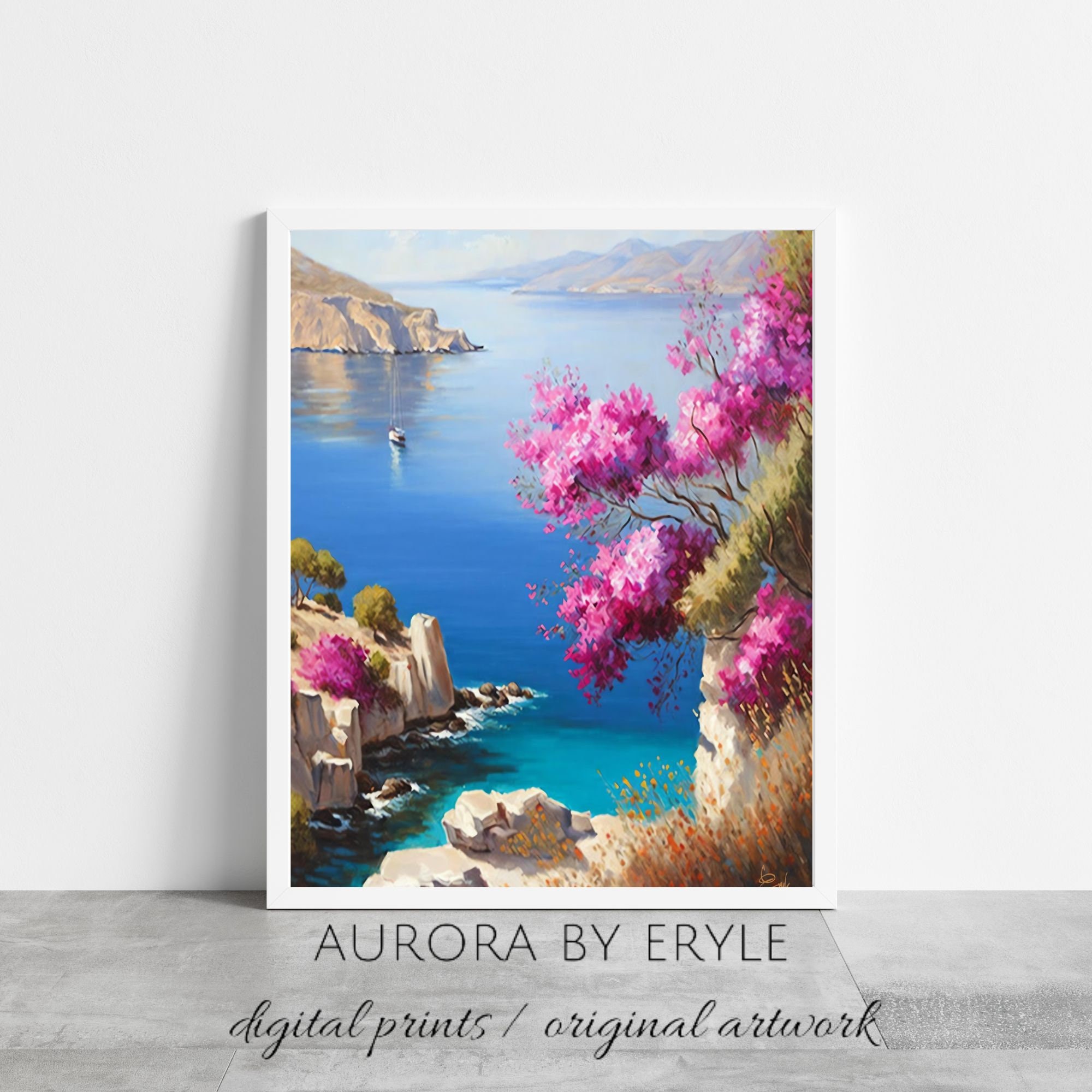 Greek Seascape Oil Painting, Stunning Ocean Scape With House & Bright ...