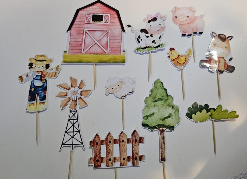 12 of Farm Theme Large Cup Cake Toppers Farm Animal Tree Cup Cake ...