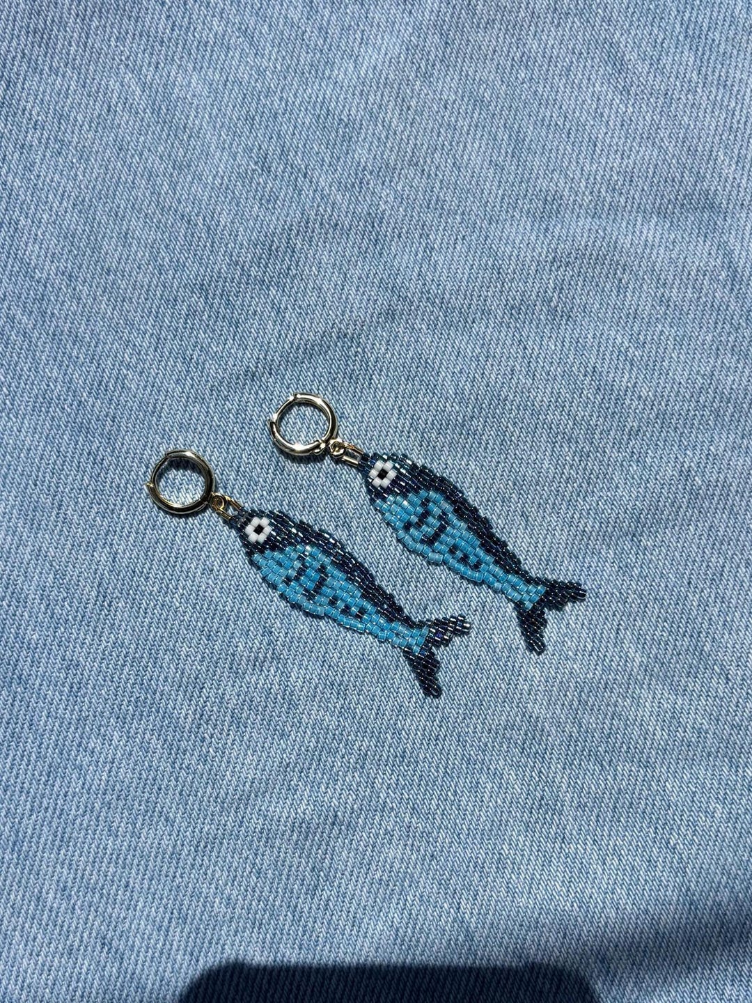 Delica Seed Bead Fish Dangle Earrings: Gold Hoop, Hand Beaded - Etsy