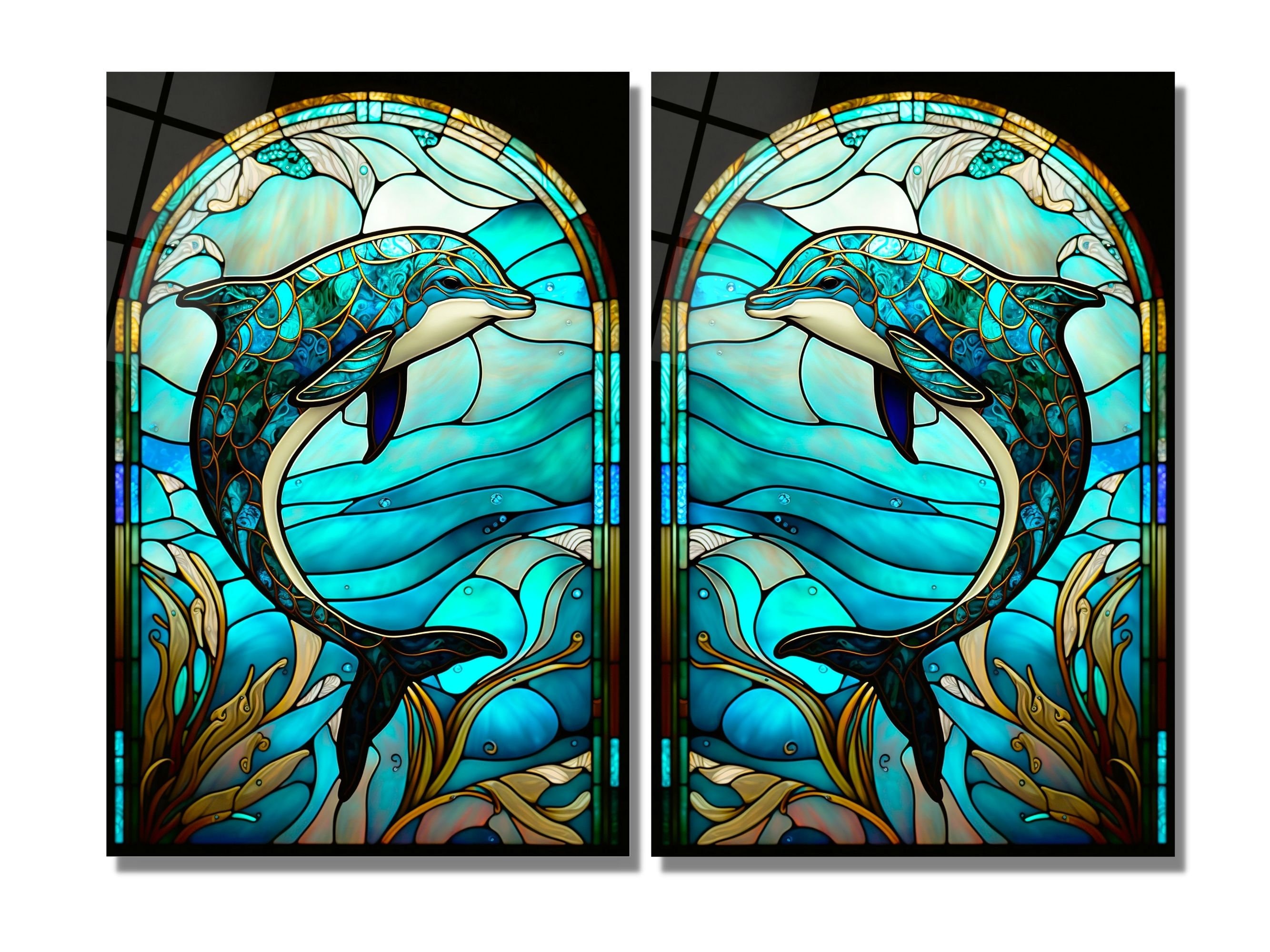 Dolphin Stained Glass Wall Painting Window Wall Hangings, Stain Glass ...