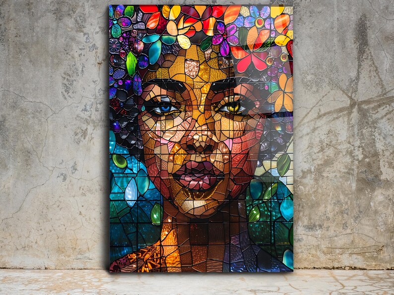 Abstract Portrait Glass Wall Art, Colorful Stained Glass Style Modern ...