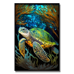 Stained Glass Wall Painting Art Sea Life Turtle, Stain Glass Window ...