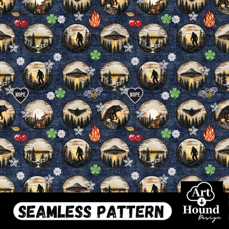 Retro Cryptid Patchwork : Seamless Digital Pattern PNG - Bigfoot ...