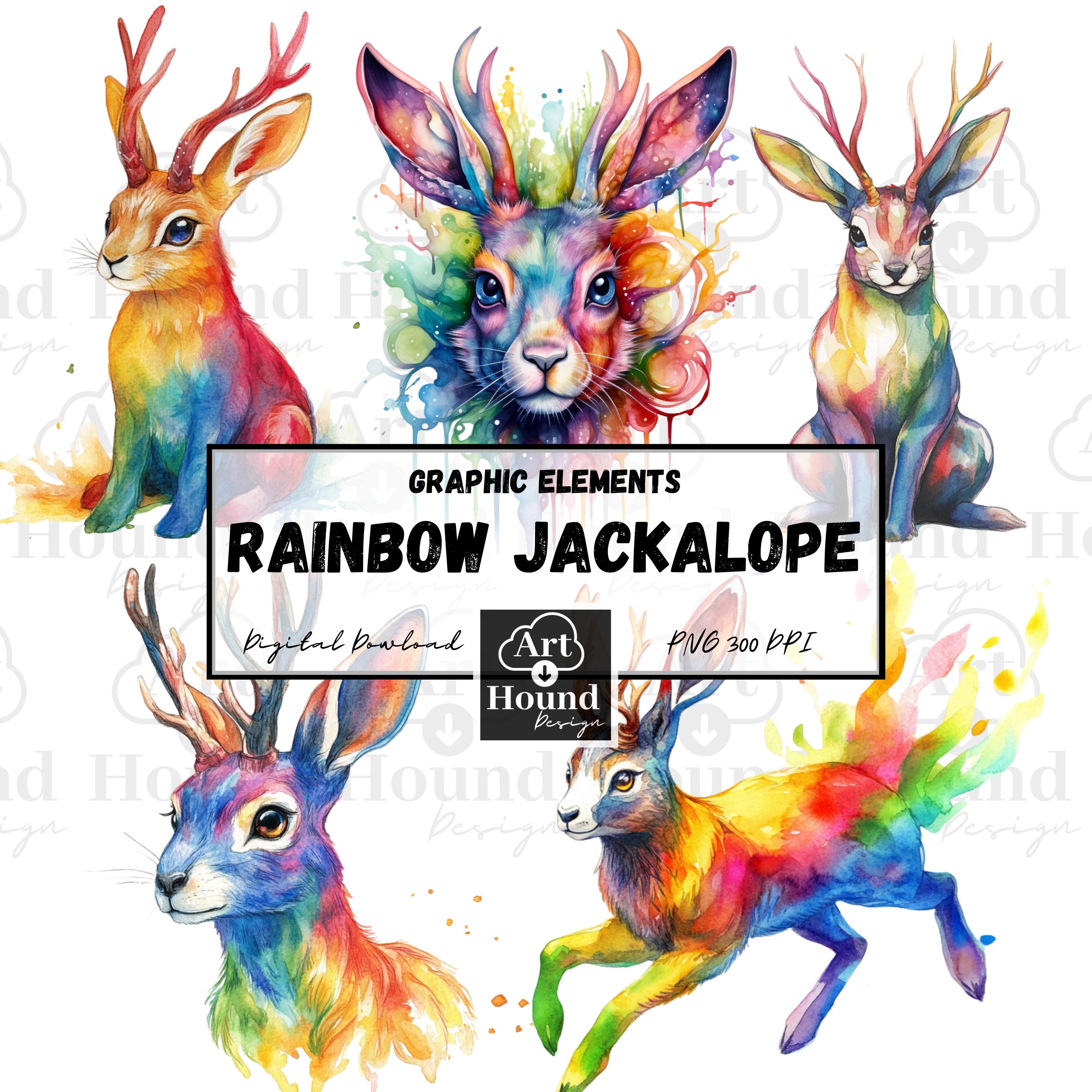 Watercolor Magical Jackalope - PNG Clipart Bundle - Cryptid Rainbow ...