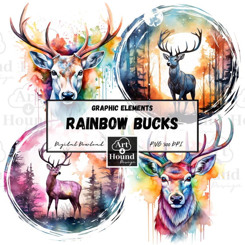 Watercolor Rainbow Buck - PNG Clipart - Magical Reindeer - Mythical ...