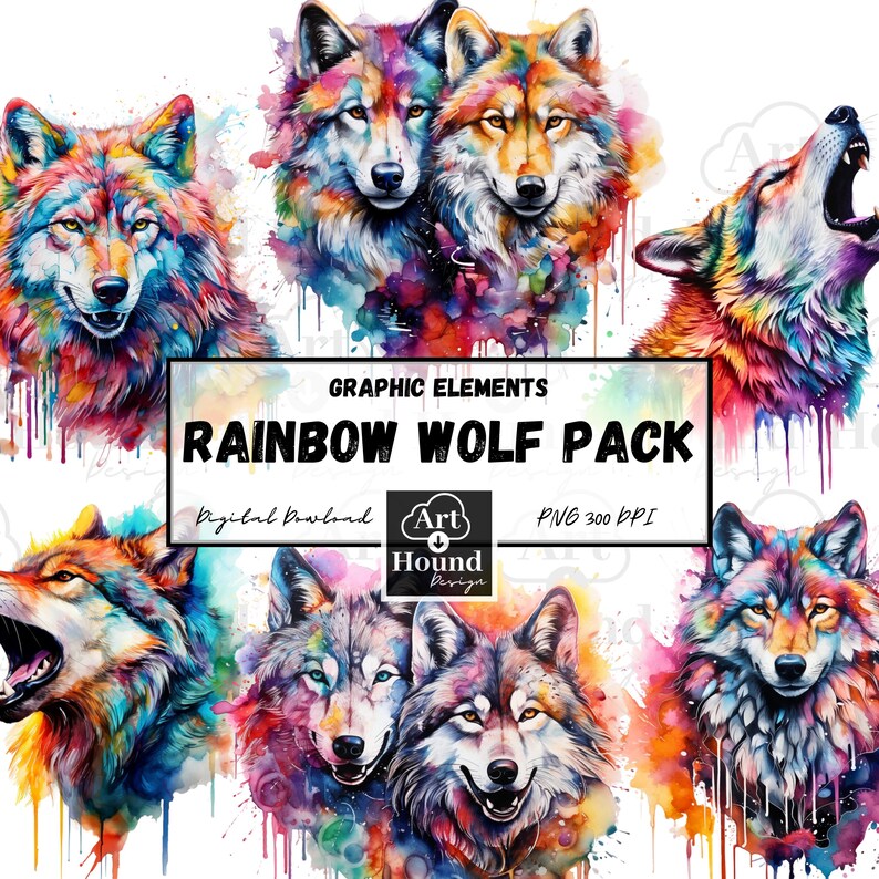 Howling Wolf Pack : PNG - Watercolor Rainbow Forest Wolves W/ Celestial ...
