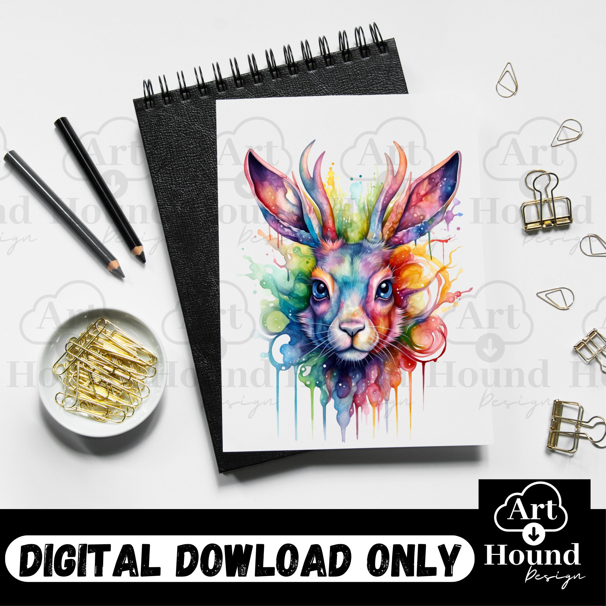 Watercolor Magical Jackalope PNG Clipart Cryptid Rainbow Rabbit ...