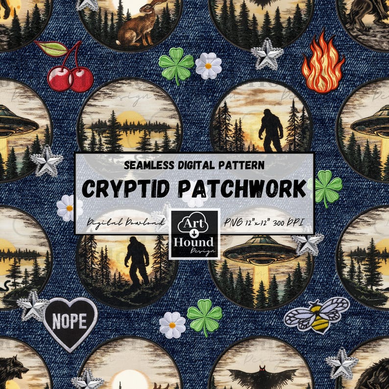 Retro Cryptid Patchwork : Seamless Digital Pattern PNG - Bigfoot ...