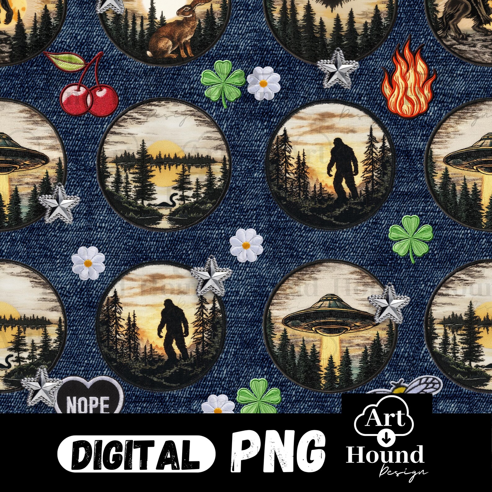Retro Cryptid Patchwork : Seamless Digital Pattern PNG - Bigfoot ...