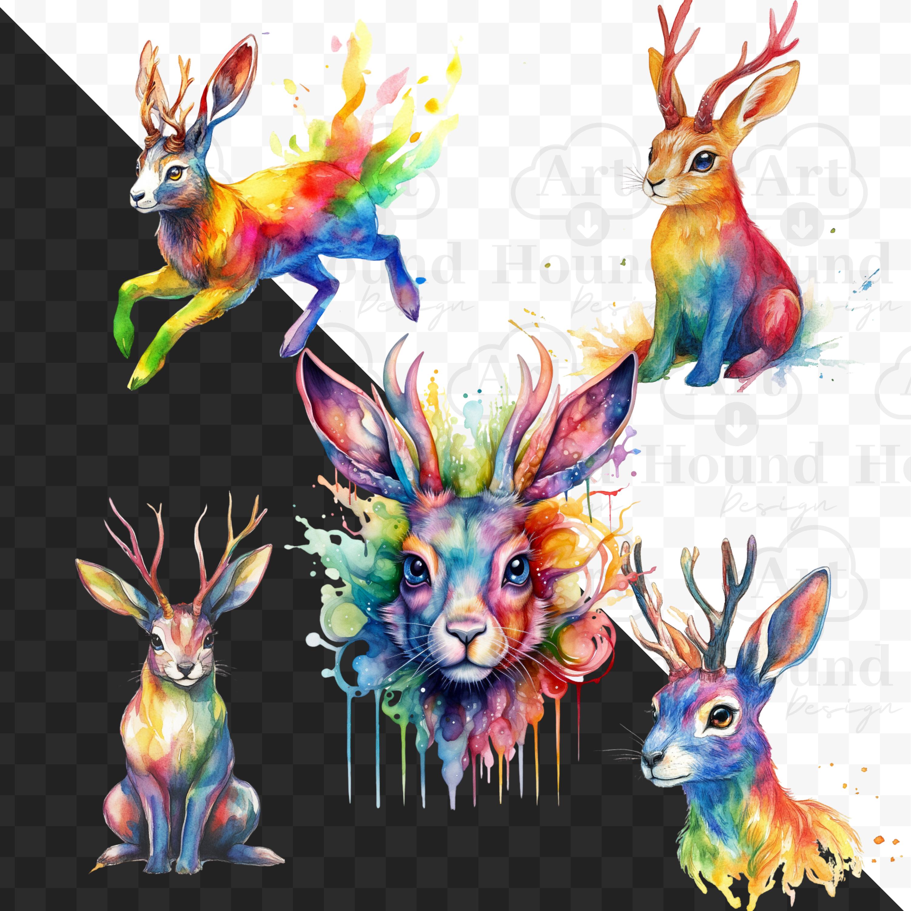 Watercolor Magical Jackalope - PNG Clipart Bundle - Cryptid Rainbow ...