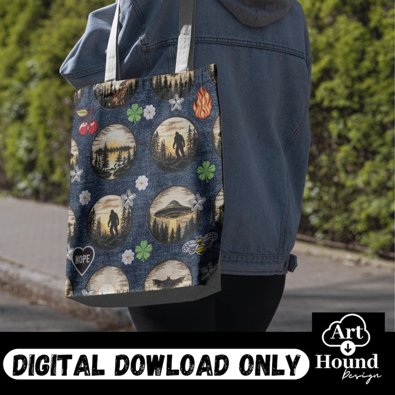 Retro Cryptid Patchwork : Seamless Digital Pattern PNG - Bigfoot ...