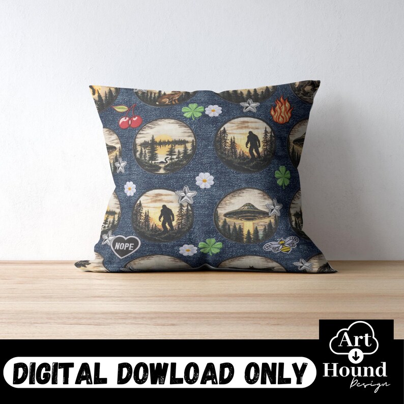 Retro Cryptid Patchwork : Seamless Digital Pattern PNG - Bigfoot ...