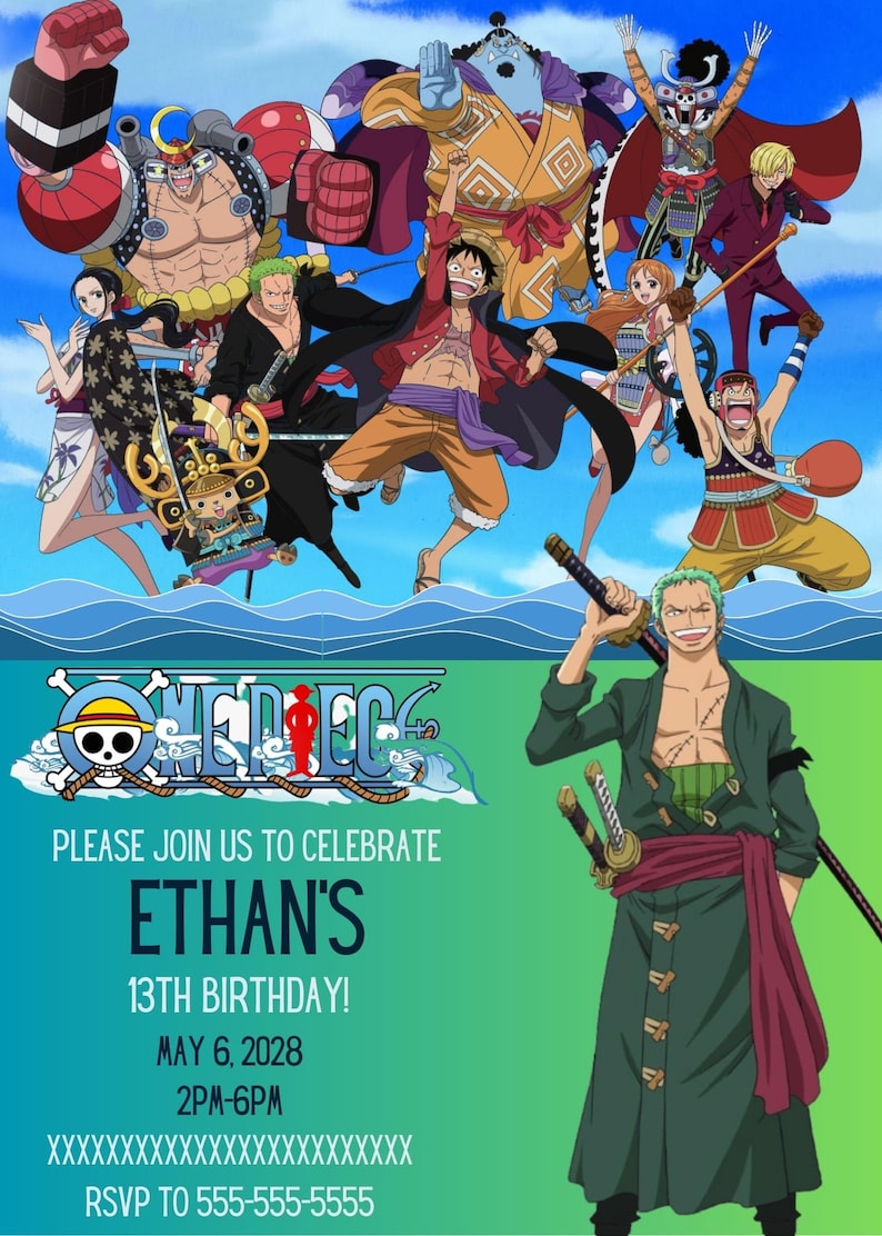Editable Birthday Invitation Template One Piece Anime Zoro - Etsy