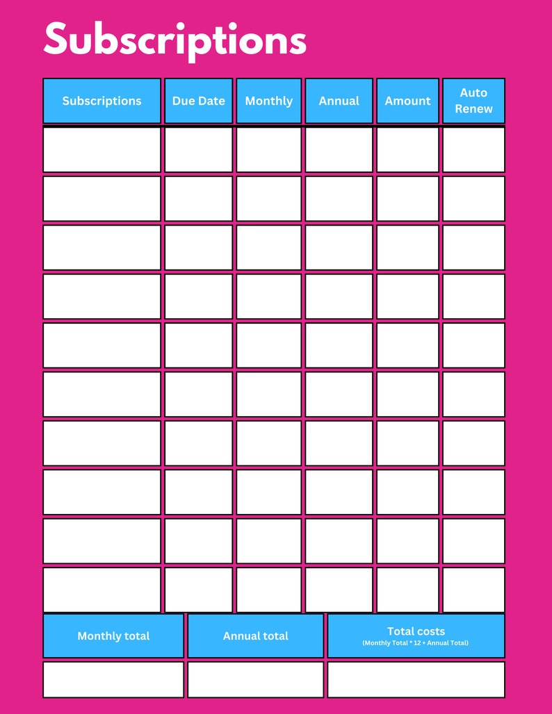 Printable Subscription Tracker, Monthly Subscription, Expense Planner ...