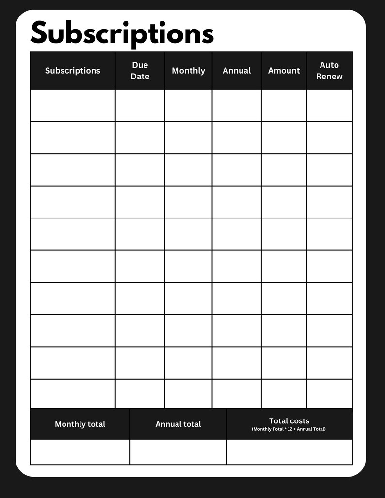 Printable Subscription Tracker, Monthly Subscription, Expense Planner ...