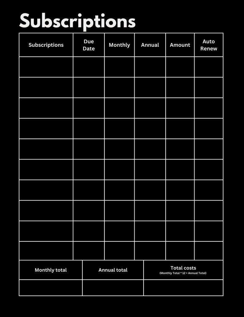 Printable Subscription Tracker, Monthly Subscription, Expense Planner ...