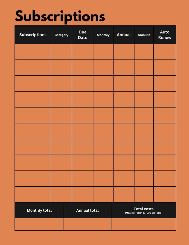 Printable Subscription Tracker, Monthly Subscription, Expense Planner ...