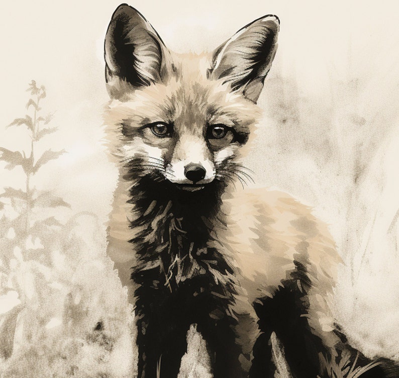 Fox Charcoal Black White Beige Wall Art | Minimalist Vintage Abstract ...