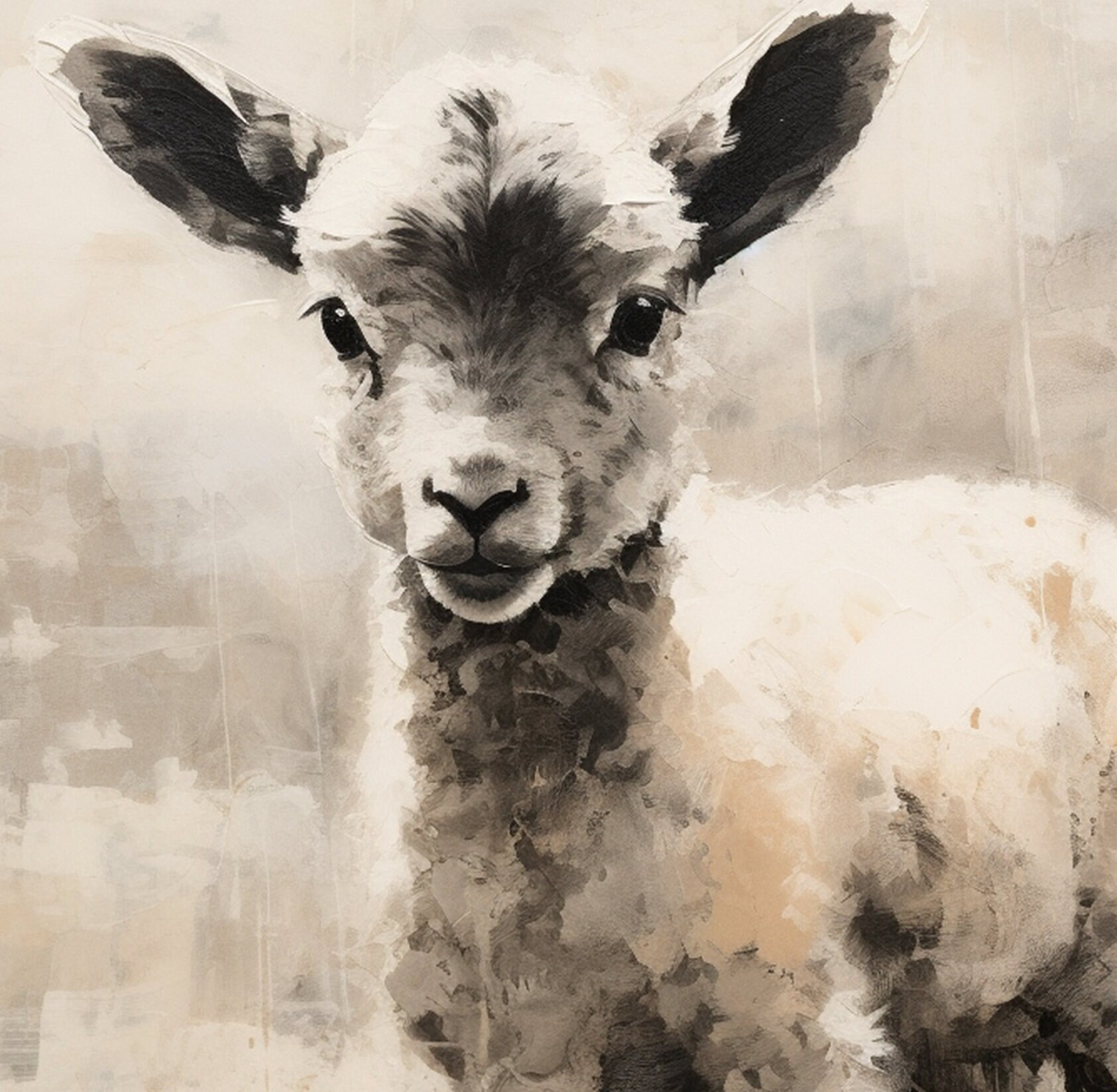 Lamb Charcoal Black White Beige Wall Art | Minimalist Vintage Abstract ...