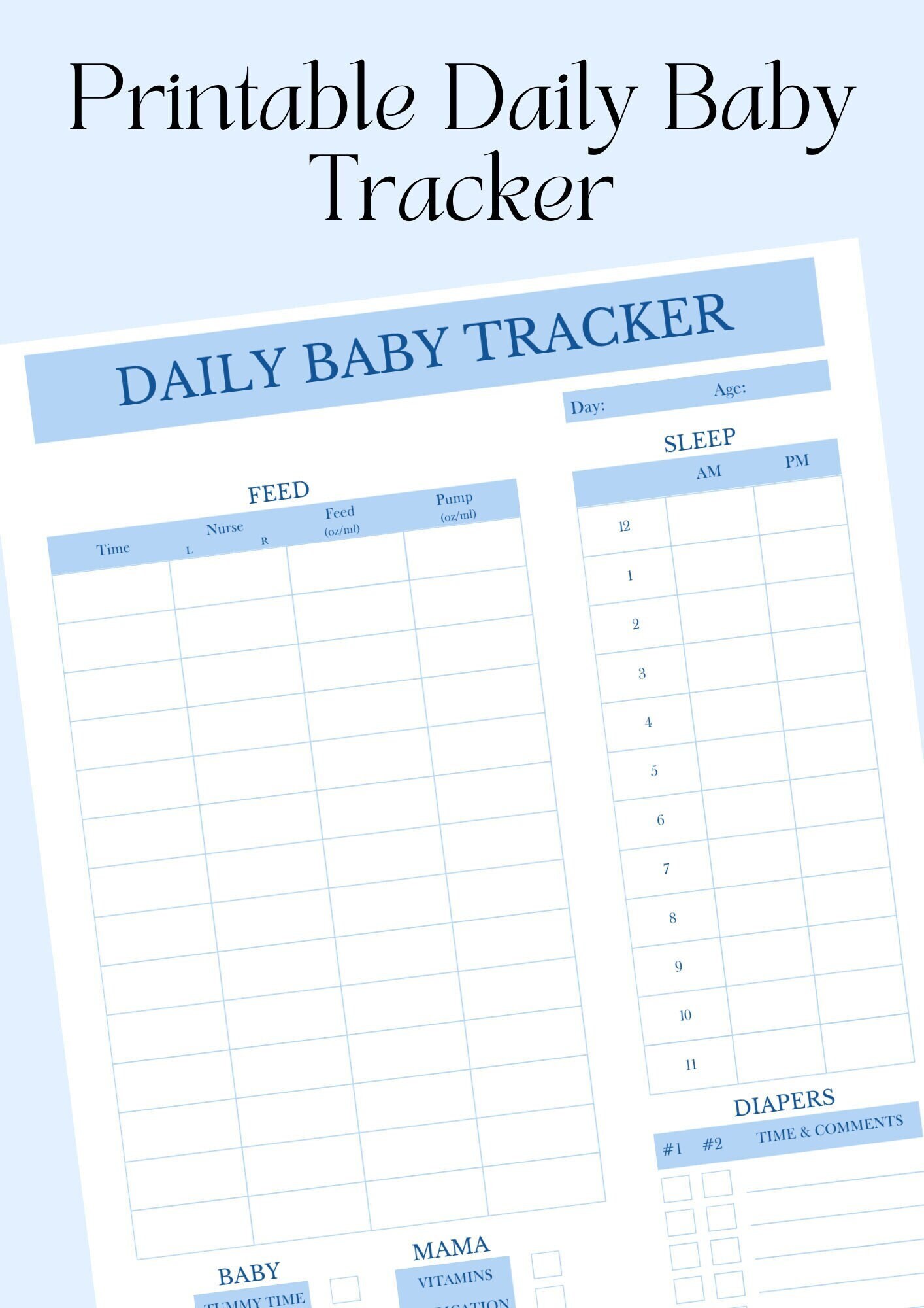 Blue Printable Daily Baby Tracking Planner Newborn Daily Journal Feed ...