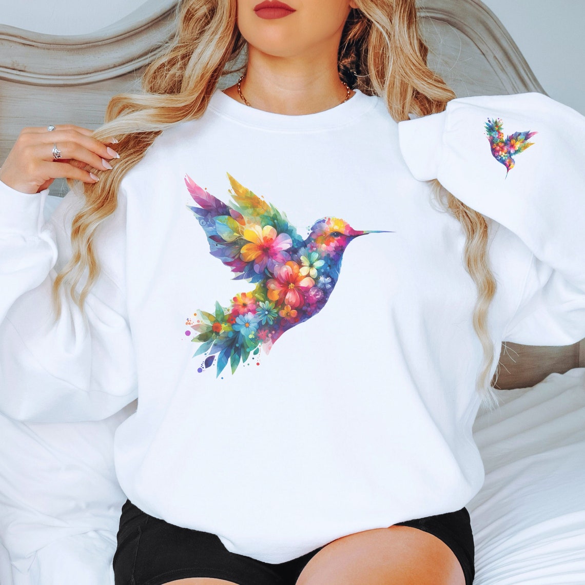 Hummingbird Sweatshirt, Sleeve Print Bird Lover Gift, Animal Enthusiast ...