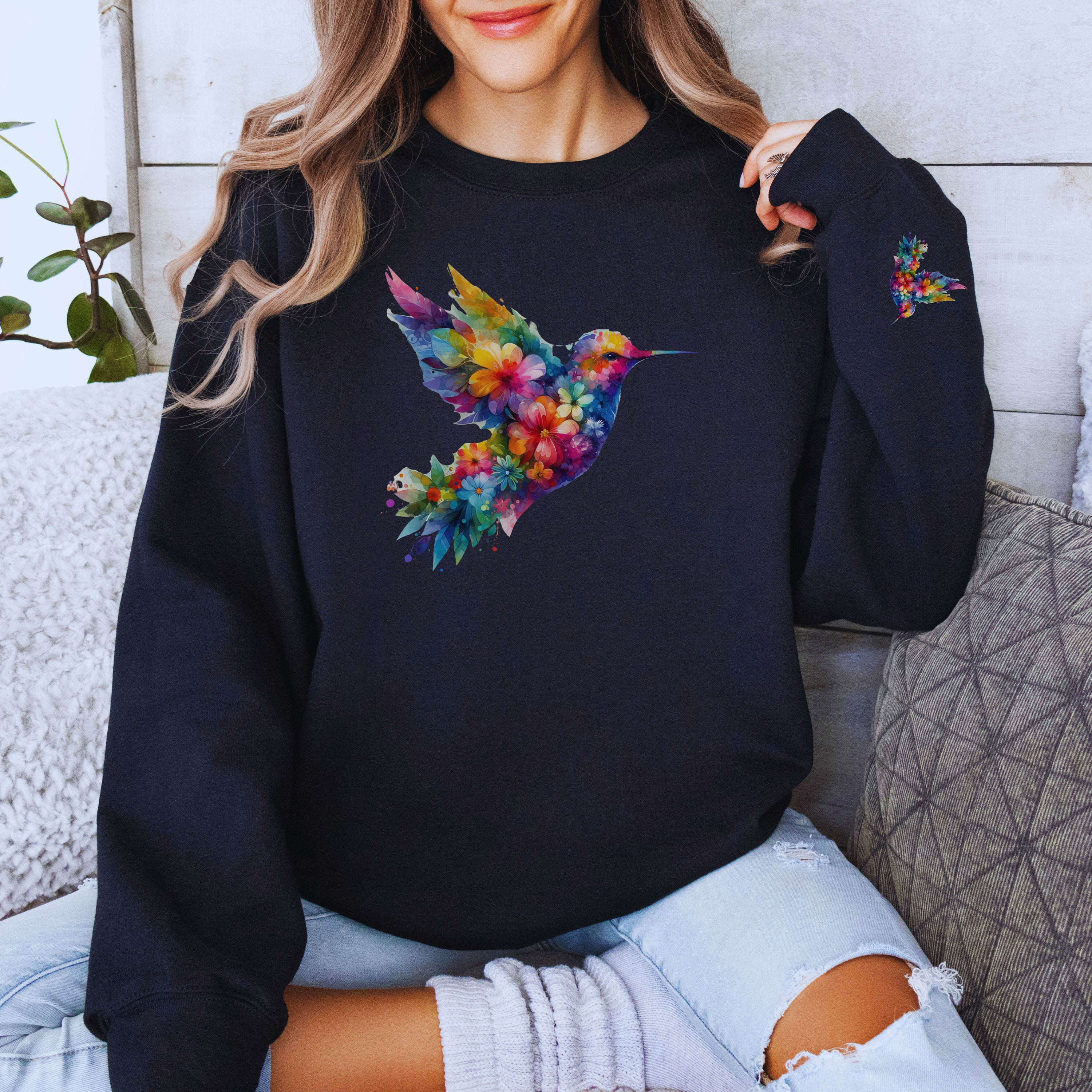 Hummingbird Sweatshirt, Sleeve Print Bird Lover Gift, Animal Enthusiast ...
