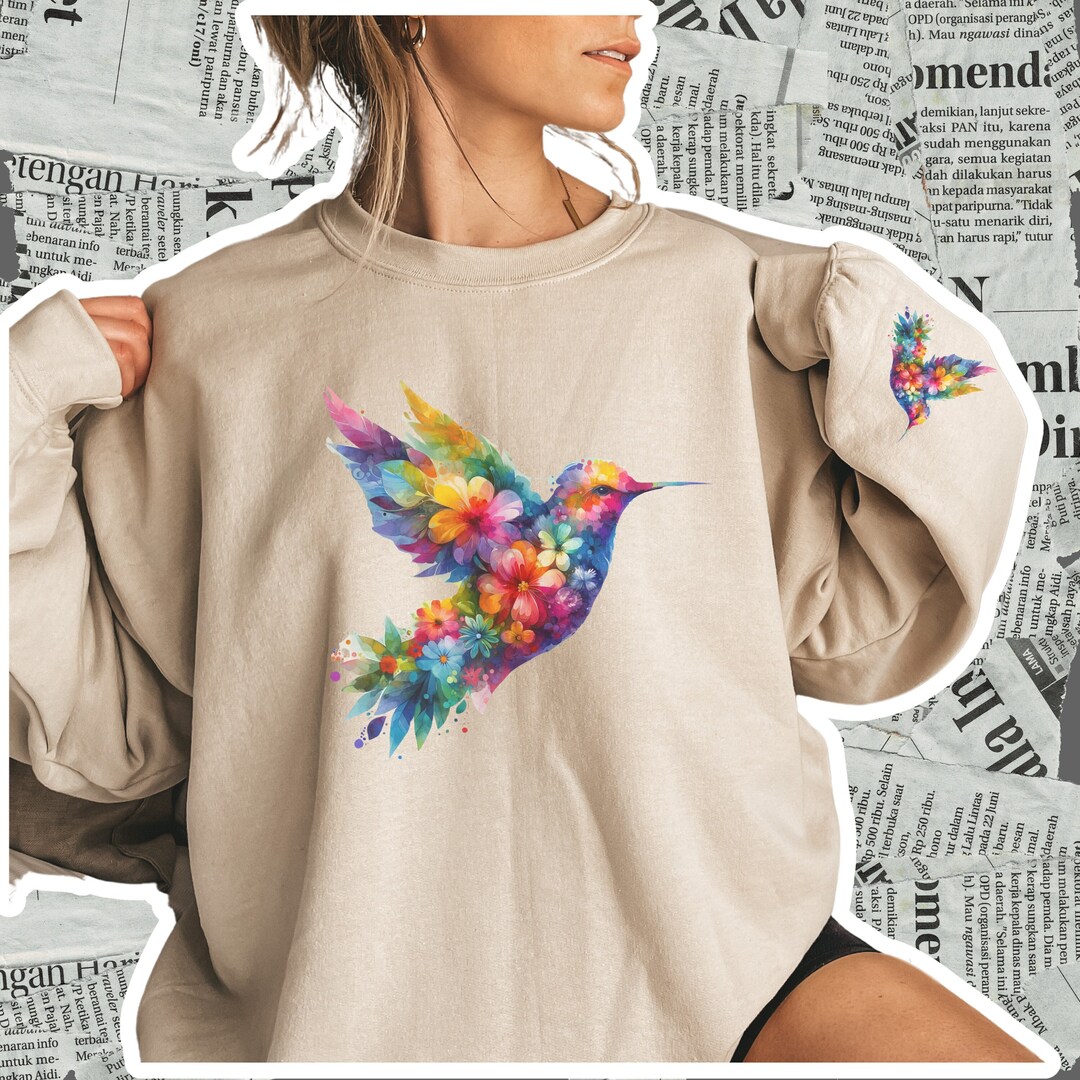 Hummingbird Sweatshirt, Sleeve Print Bird Lover Gift, Animal Enthusiast ...