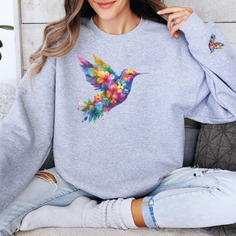 Hummingbird Sweatshirt, Sleeve Print Bird Lover Gift, Animal Enthusiast ...