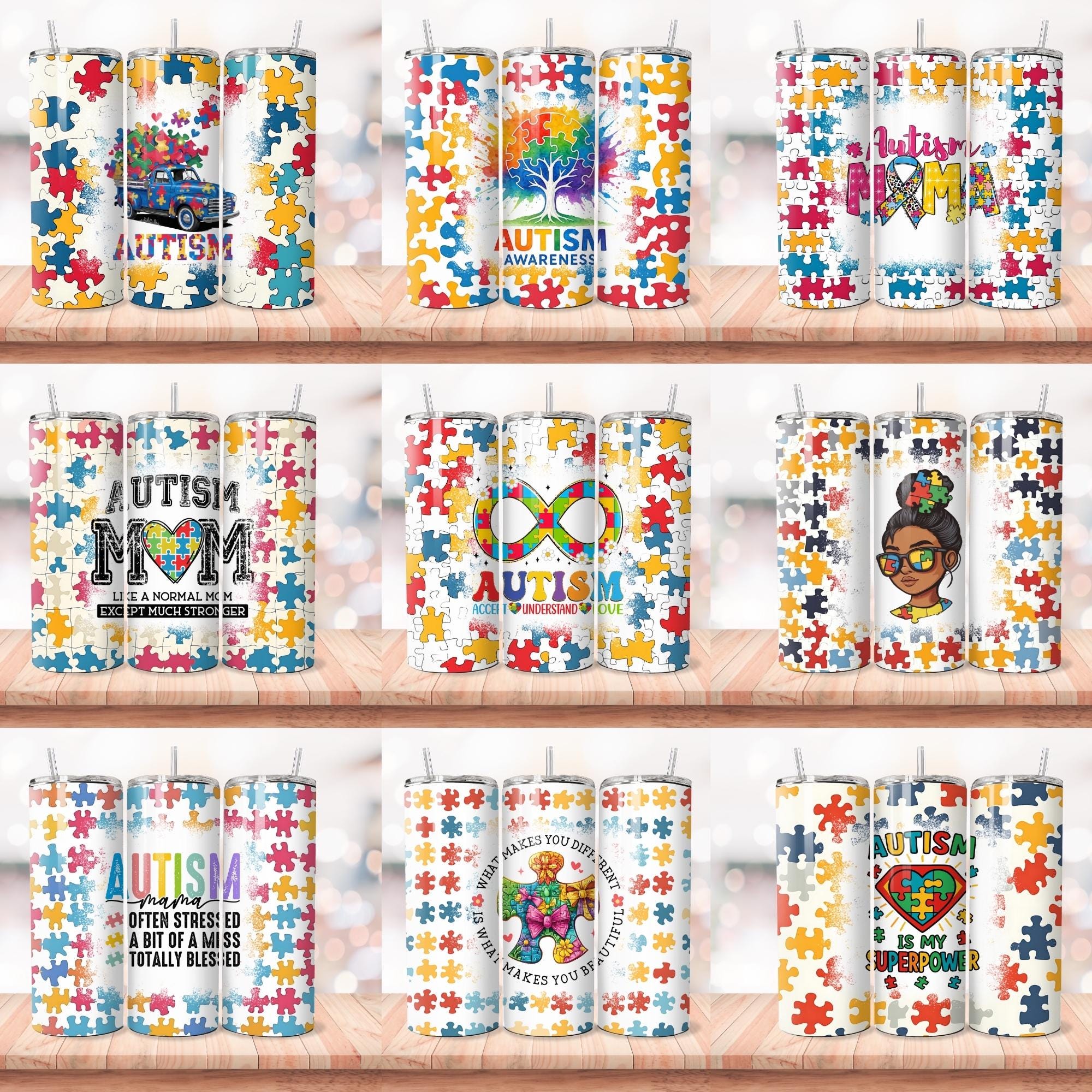 100+ Autism Tumbler PNG Bundle – Colorful Puzzle Wraps for 20oz Skinny ...