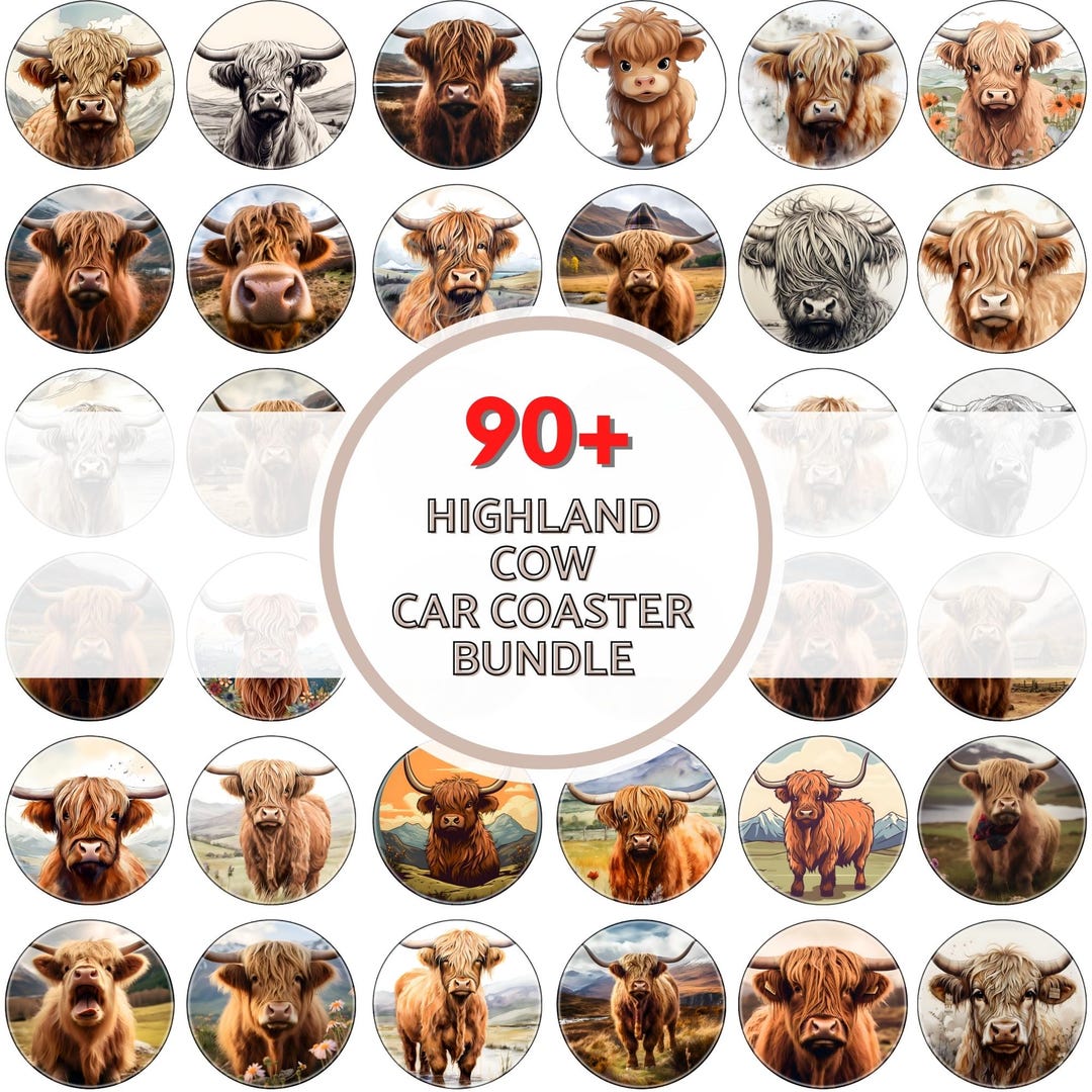 90+ Highland Cow Round Coaster Bundle, Cute Cow Sunflowers Sublimation ...