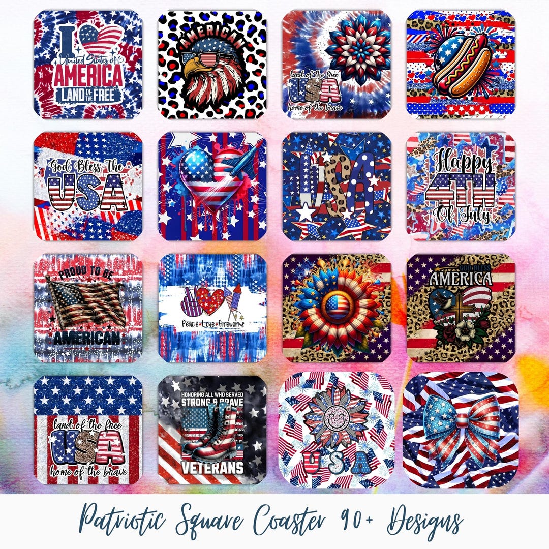 Patriotic Square Coasters Bundle | Watercolour Independence Day ...